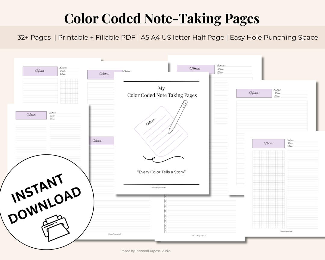 Lavender Color Coded Note-taking Bundle | Printable and Fillable PDF ...