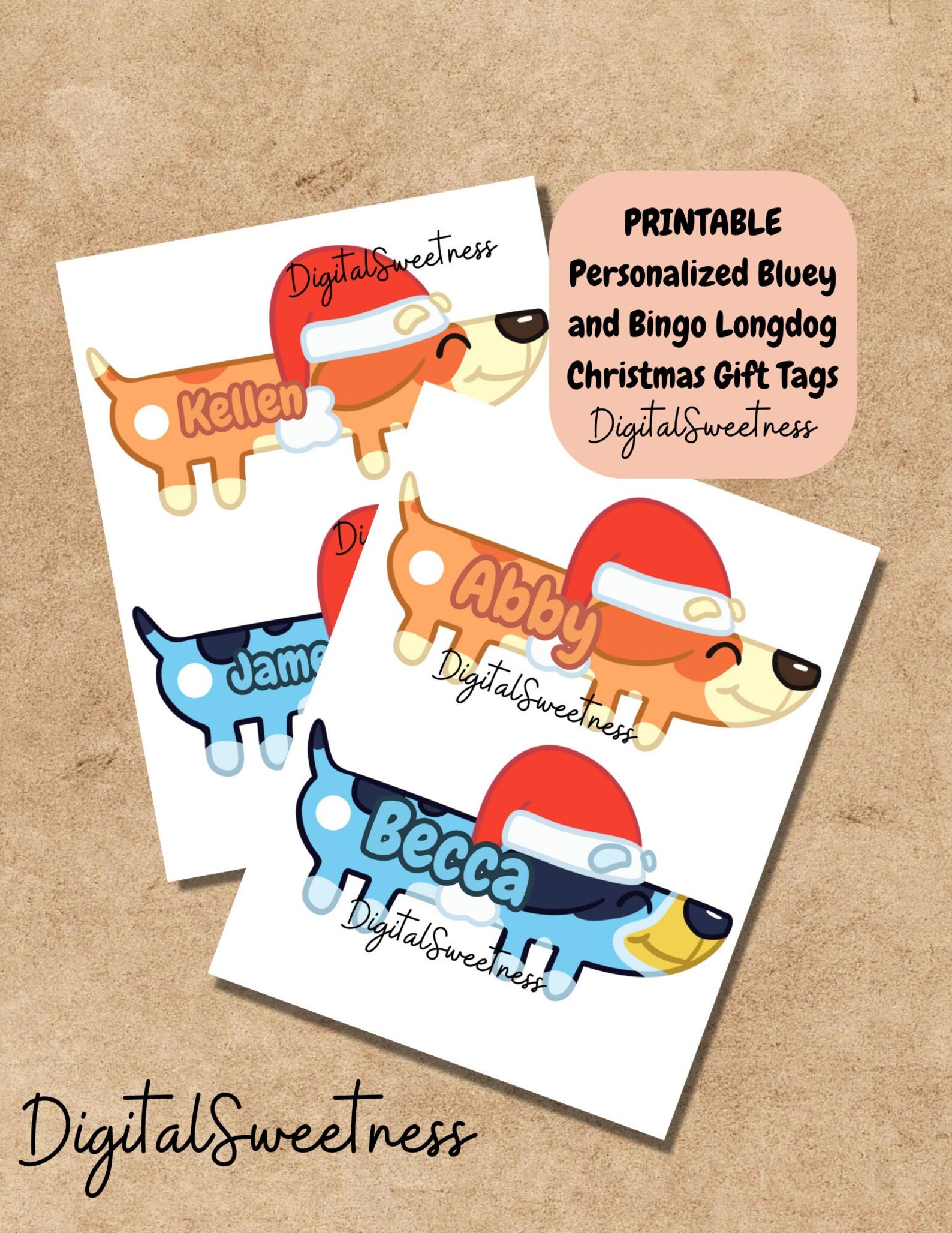 Personalized Santa Bluey and Bingo Longdog Christmas Gift Tags ...