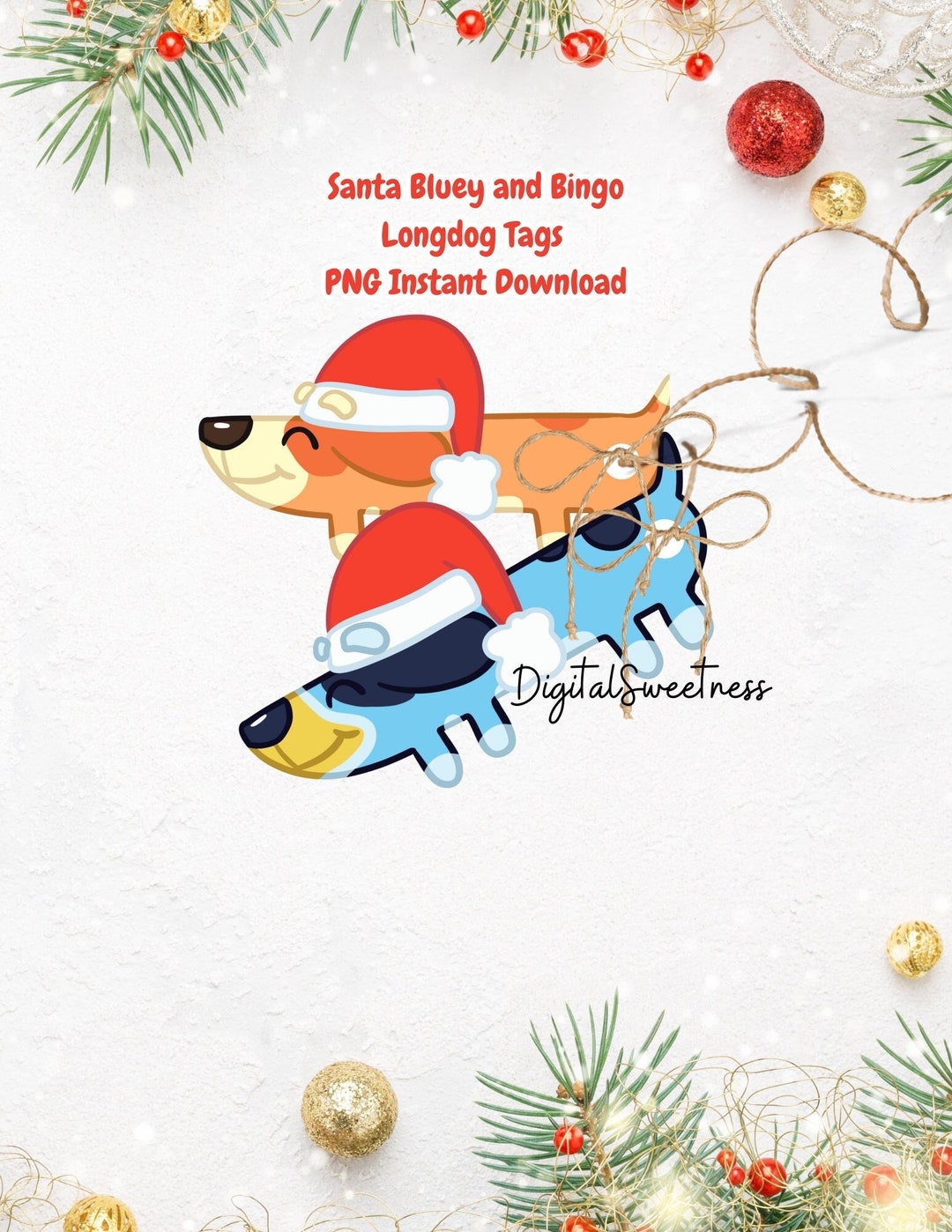Handdrawn Santa Bluey and Bingo Longdog Christmas Present Tags | Bluey ...