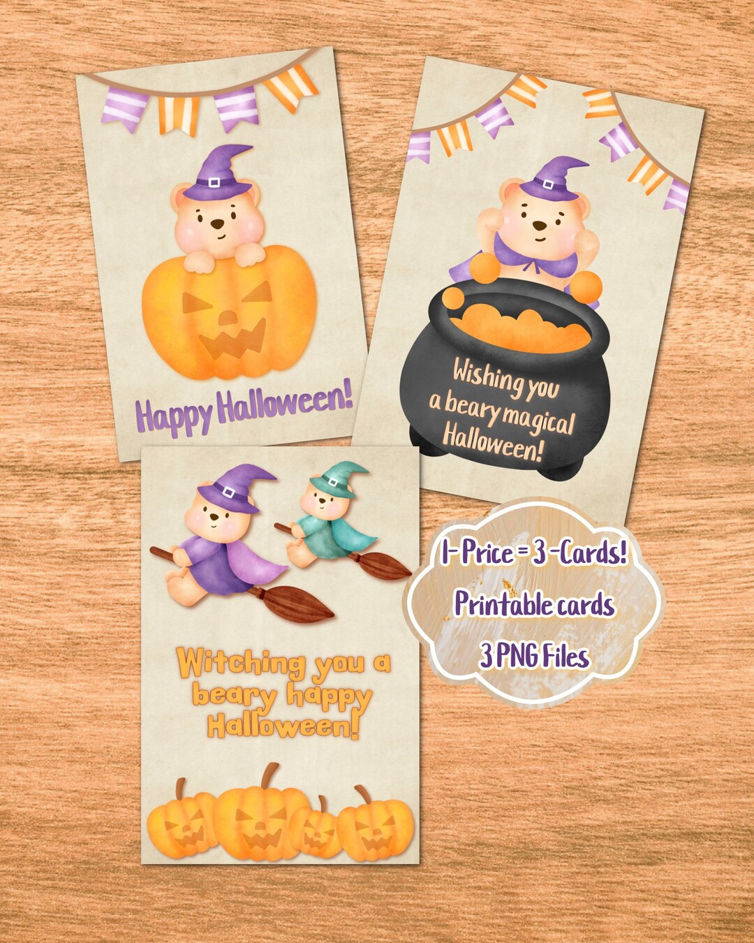 Teddy Bear Halloween Cards for Kids 3 PNG Files 4x6 Cards Cards for ...
