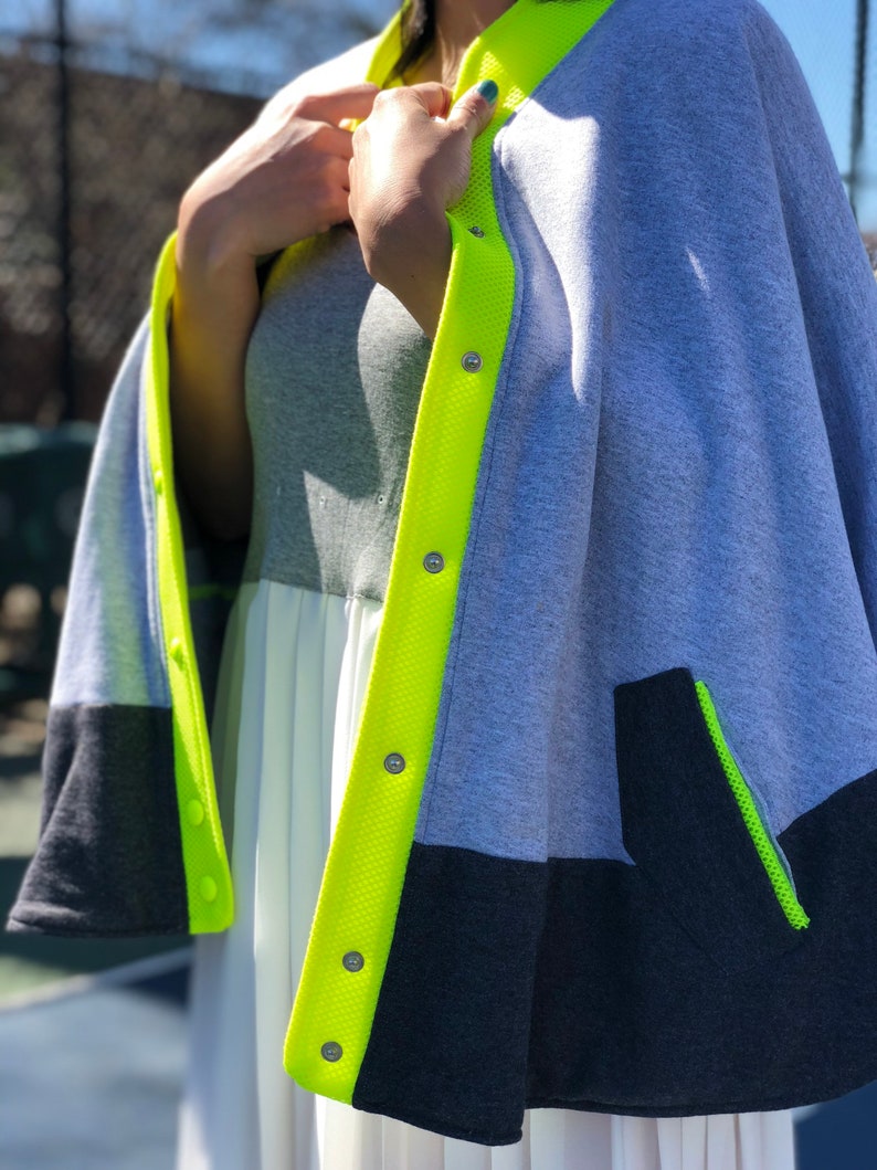 Grey Cape Colorblocking With Neon Trim Snap Closure and Pocket Poncho ...