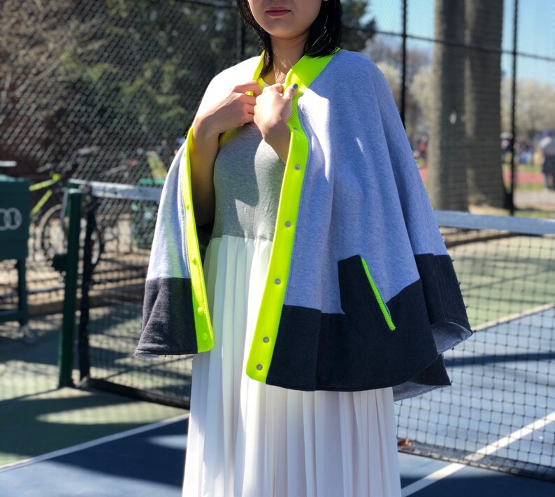 Grey Cape Colorblocking With Neon Trim Snap Closure and Pocket Poncho ...