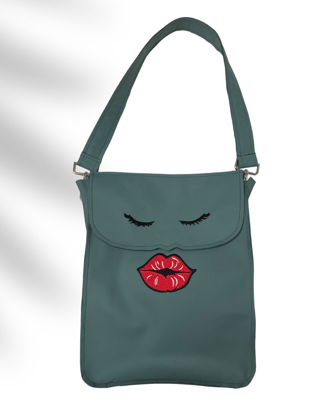Green Leather Shoulder Bag Face Appliqué - Etsy