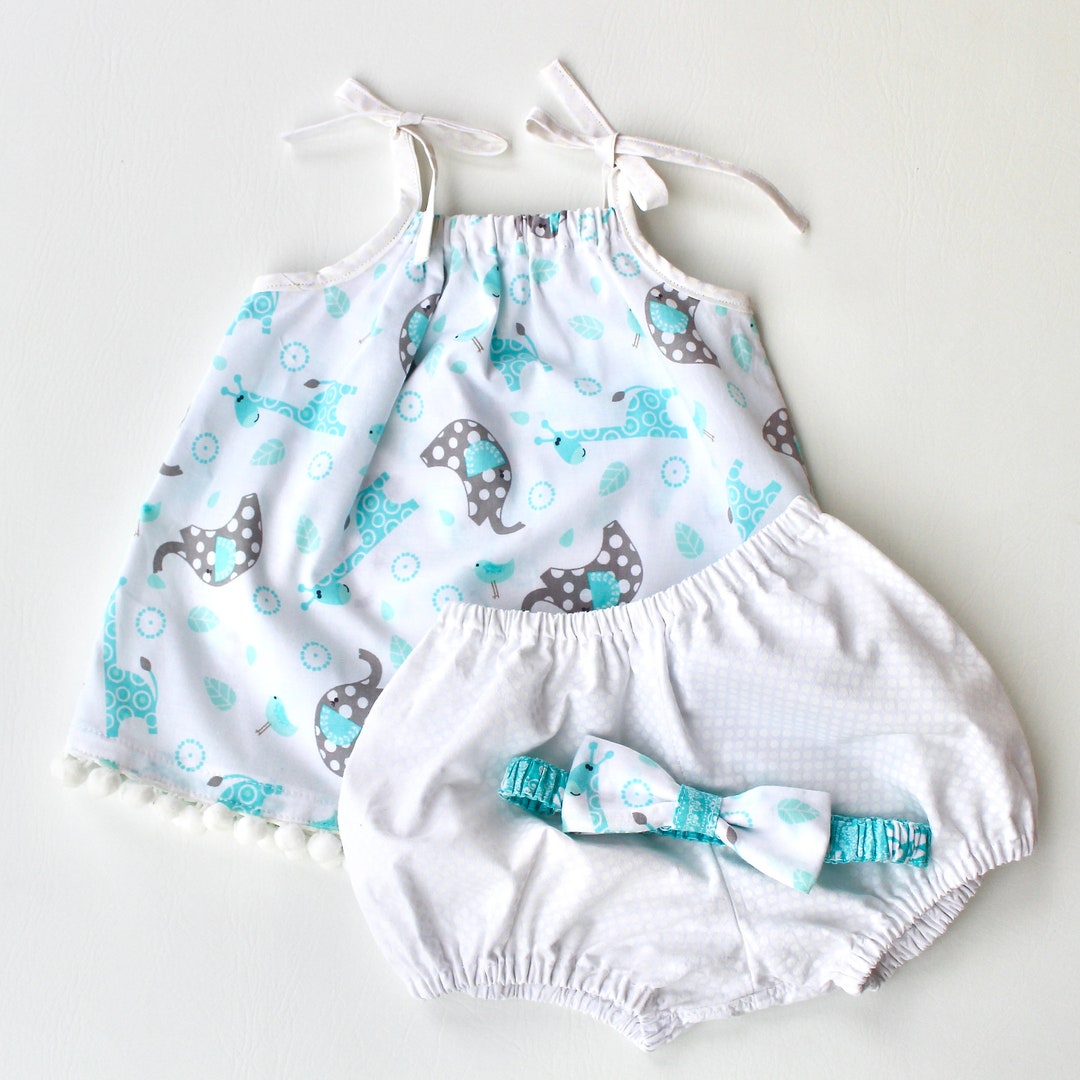 Baby Aqua Sundress Set in Zoo Animal Print, White Bloomers, Headband, 6 ...