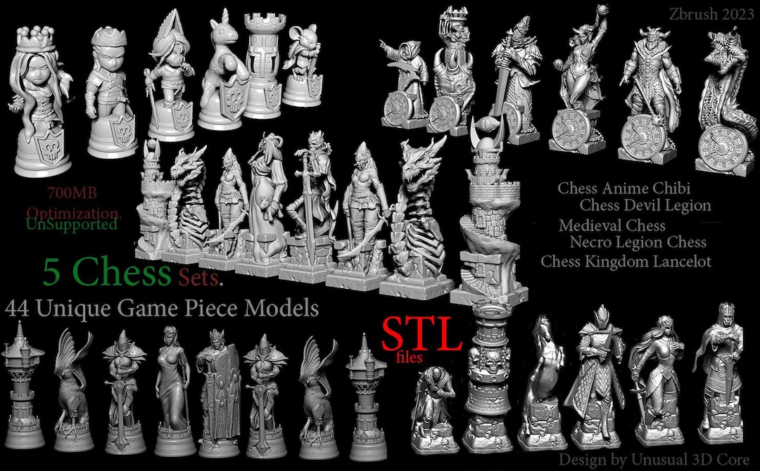 STL 5 Chess Sets 44 Unique Game Piece Models Complect for 3D Printing ...