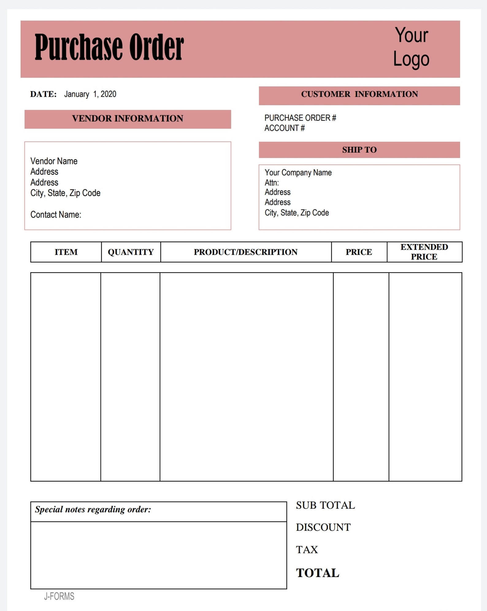 Purchase Order Template | Order Form Template | Editable Order Form ...