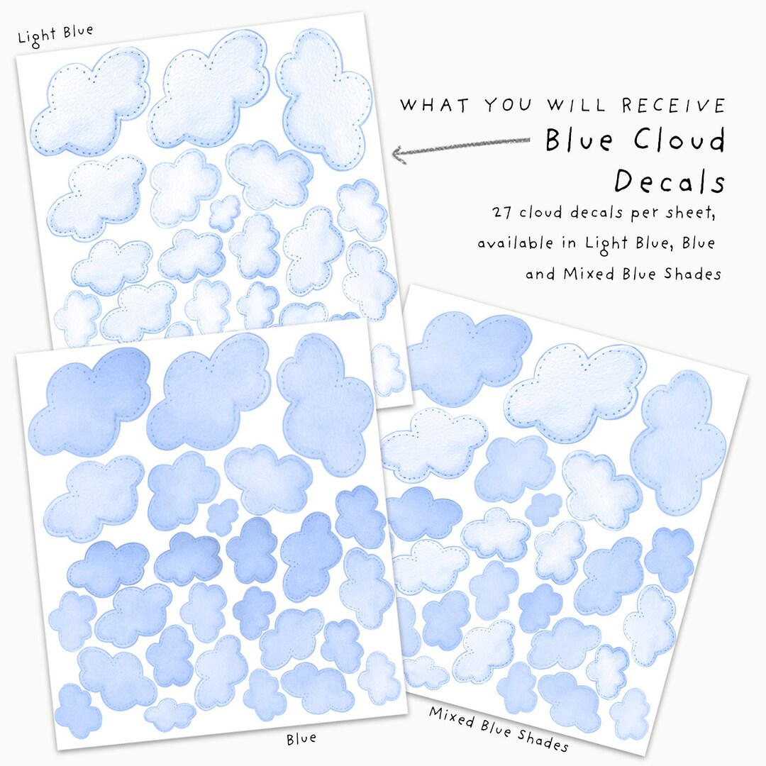 Fabric Wall Decal Set, Blue Watercolor Clouds, Kids Room Decals, Cloud ...