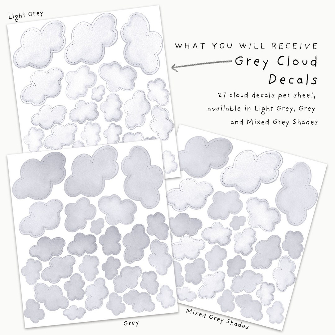 Fabric Wall Decal Set, Grey Watercolor Clouds, Kids Room Decals, Cloud ...