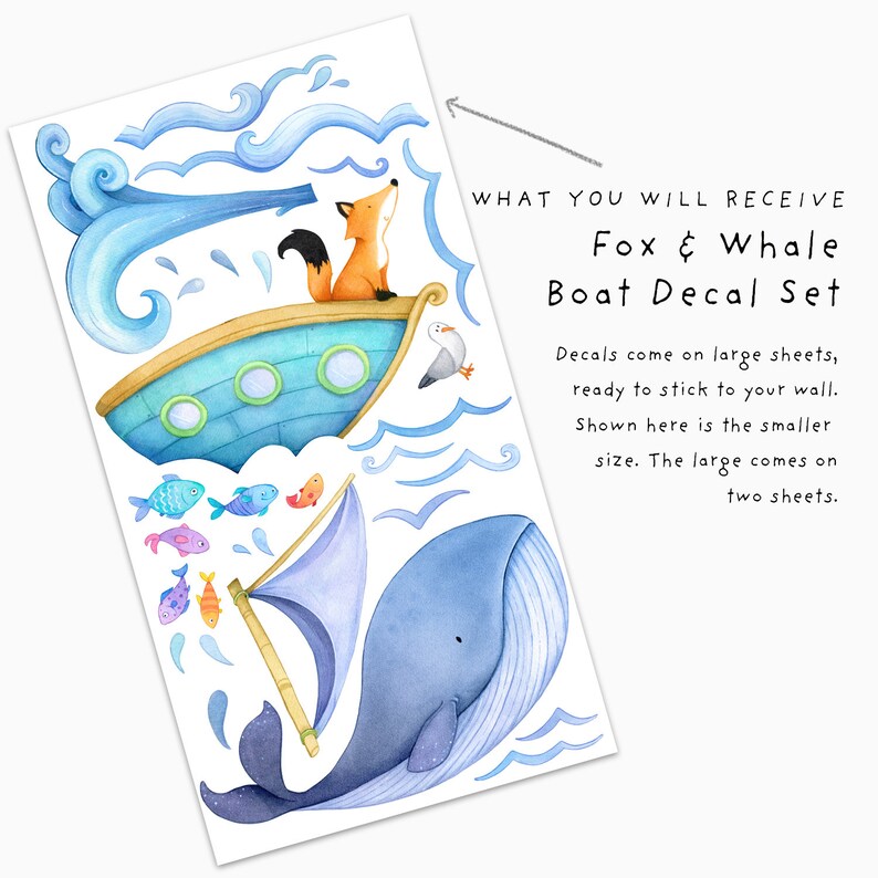 Fabric Wall Decal, Fox and Whale Boat, Toddler Watercolour Room Decor ...