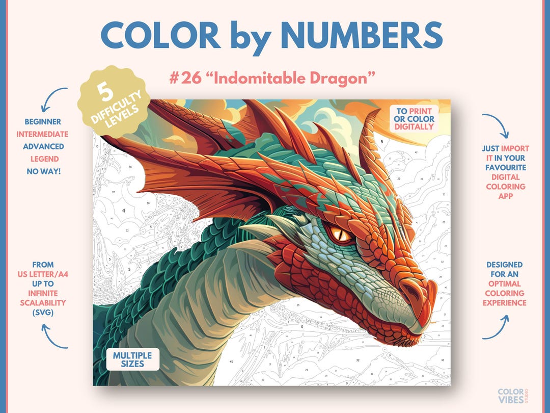 Color by Numbers for Adults indomitable Dragon / Printable Paint by ...