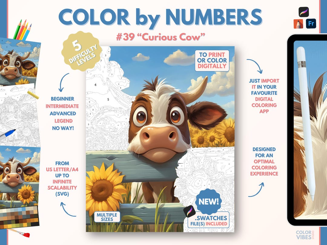 Color by Numbers for Adults "curious Cow" / Printable Paint by Numbers ...