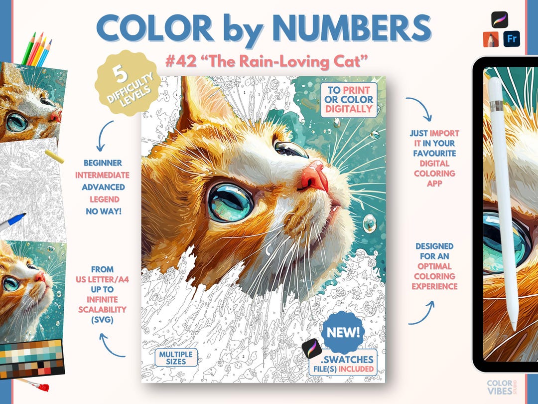 Color by Numbers for Adults "the Rain-lover Cat" / Printable Paint by ...