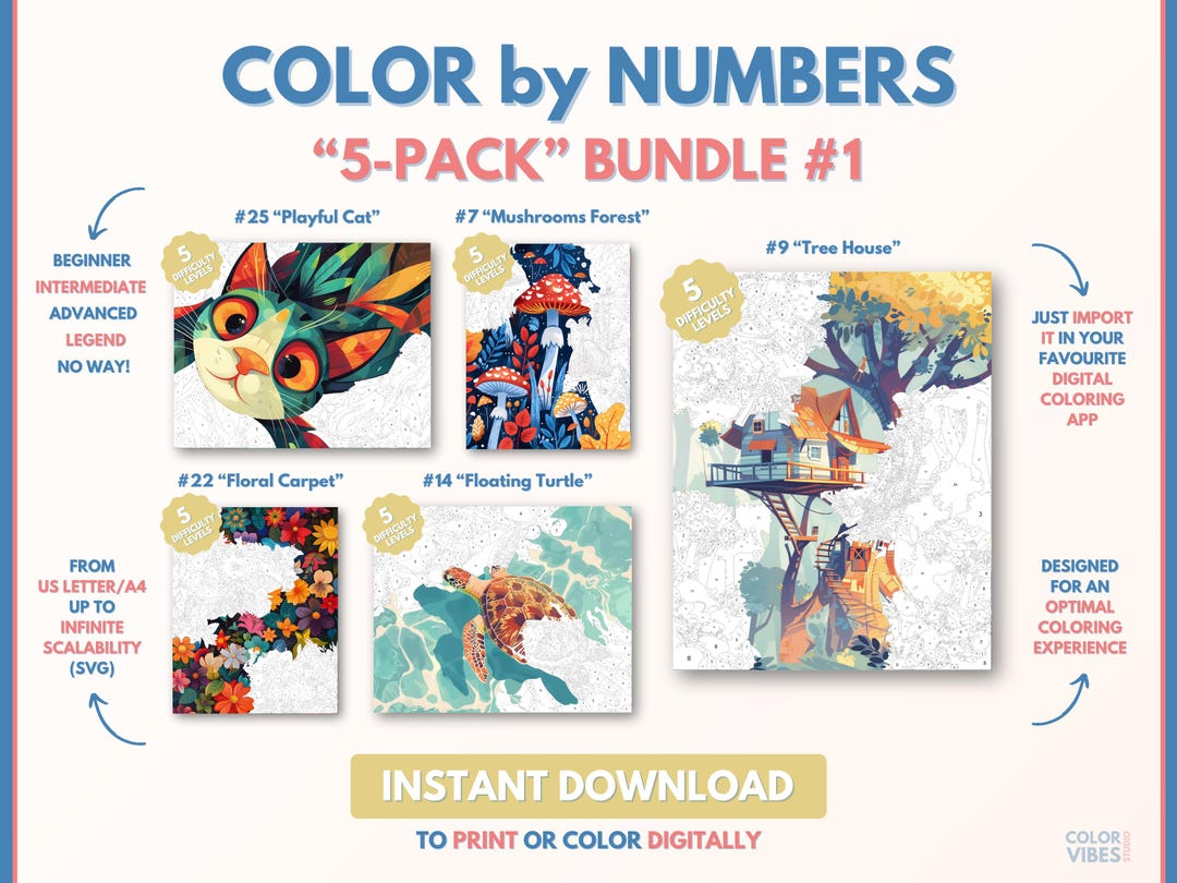 5 X Color by Numbers for Adults Bundle / Printable Paint by Numbers ...