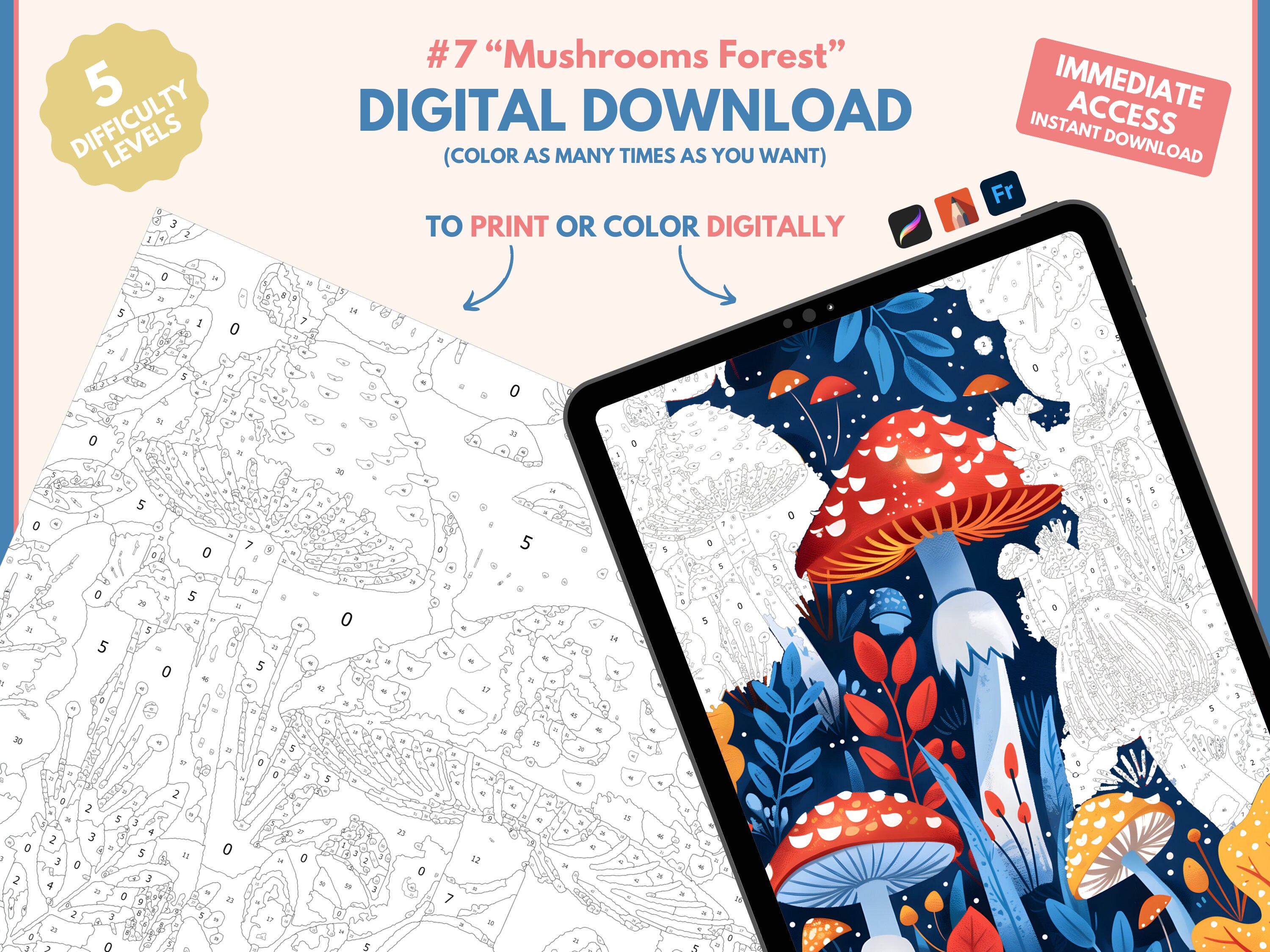 Color by Numbers for Adults mushrooms Forest / DIY Paint by Numbers ...