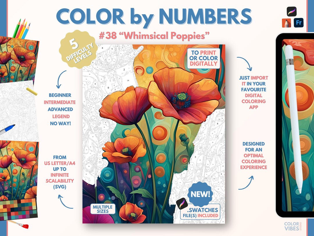 Color by Numbers for Adults "whimsical Poppies" / Printable Paint by ...