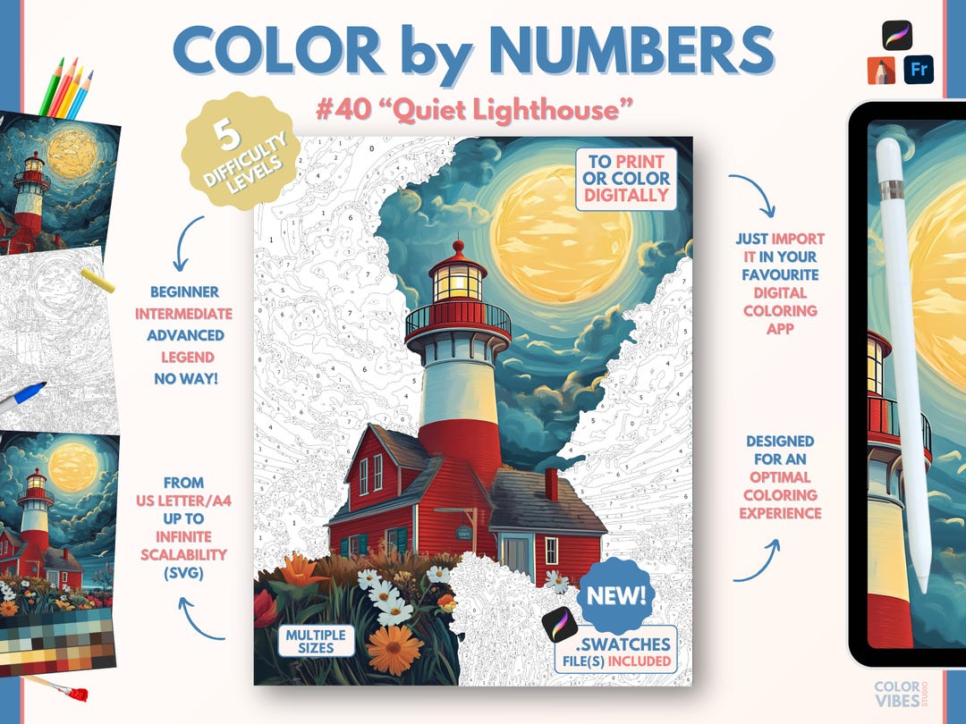 Color by Numbers for Adults "quiet Lighthouse" / Printable Paint by Numbers / Digital Coloring ...