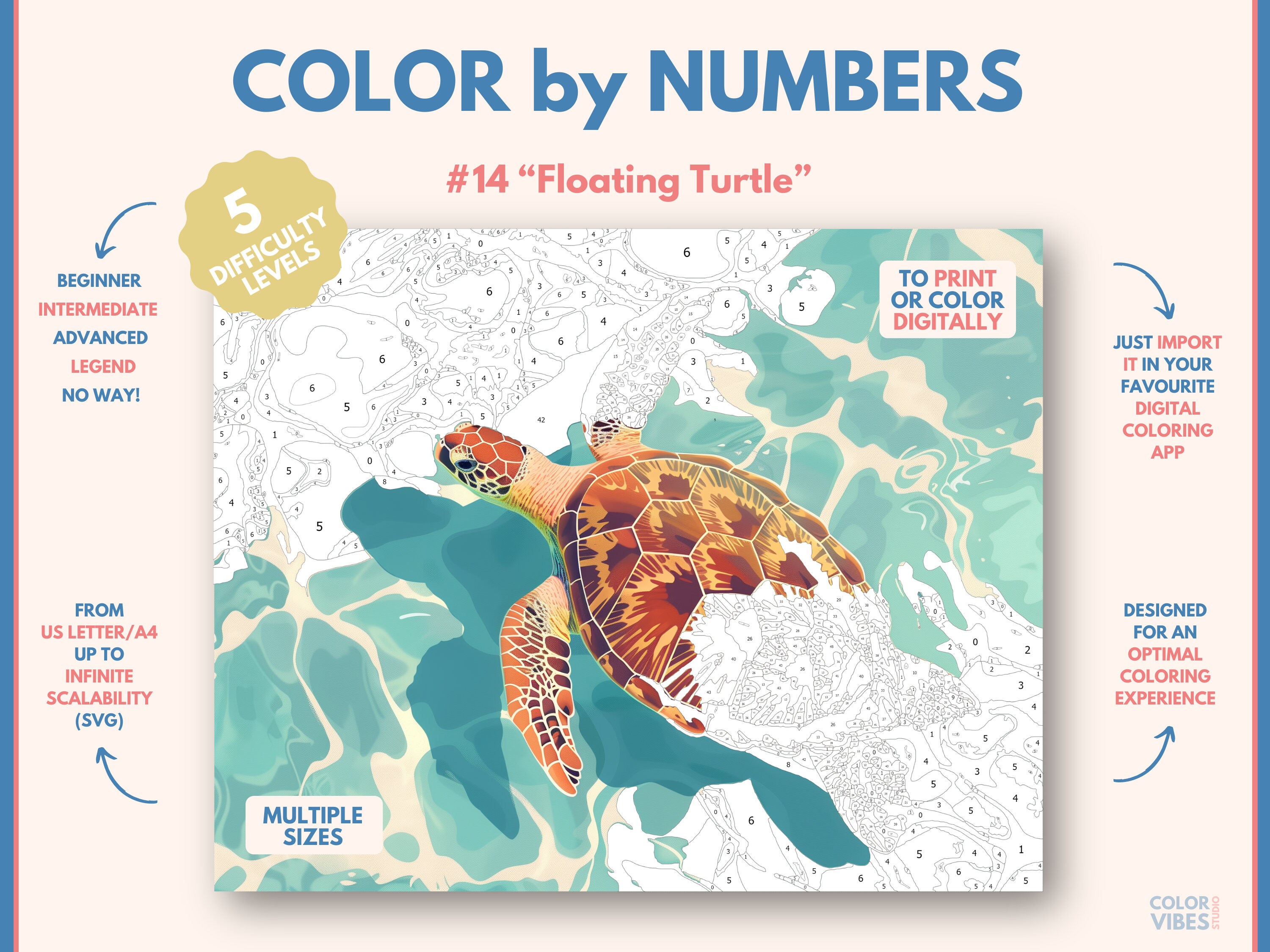 Color by Numbers for Adults floating Turtle / Printable Paint by ...