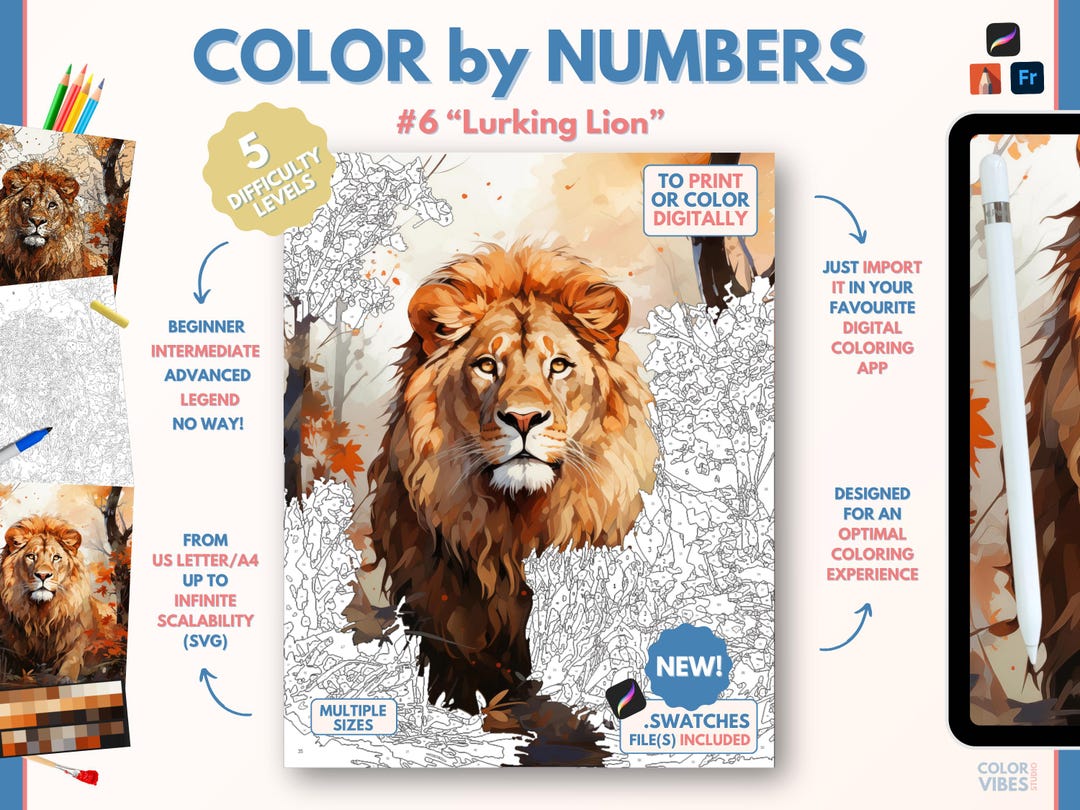 Color by Numbers for Adults "lurking Lion" / Printable Paint by Numbers ...