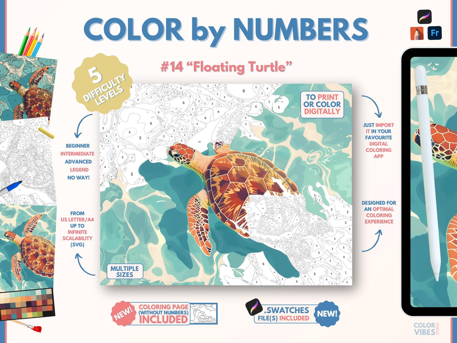 Color by Numbers for Adults “floating Turtle” / Printable Paint by ...