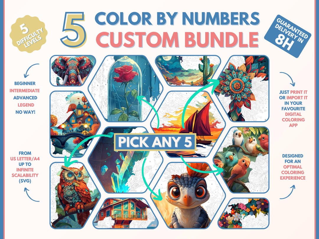 5 X Color by Numbers for Adults Custom Bundle / Printable Paint by ...