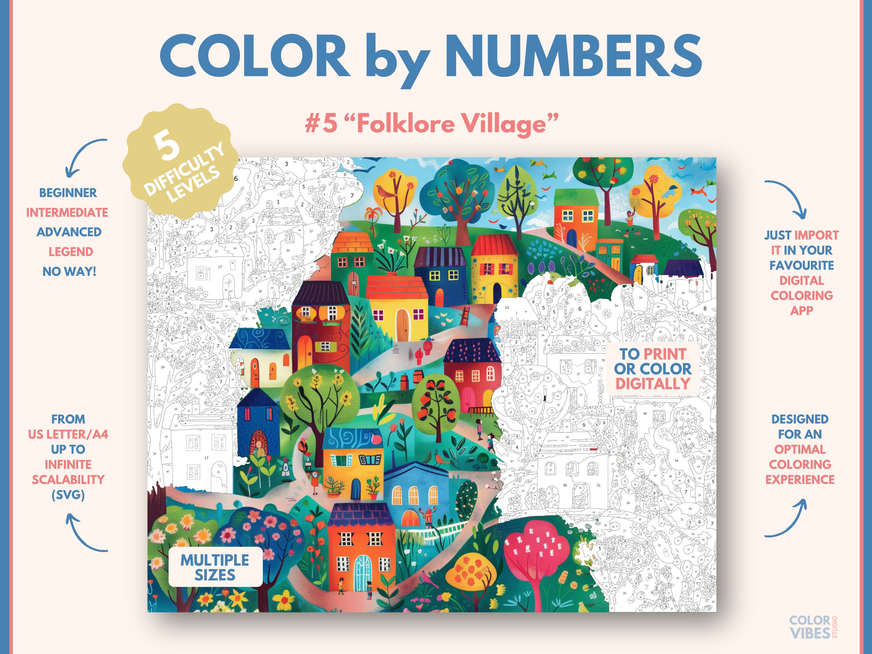 Color by Numbers for Adults folklore Village / Printable Paint by ...