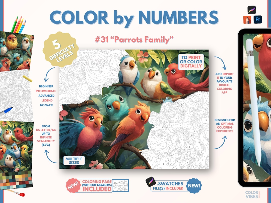 Color by Numbers for Adults "parrots Family" / Printable Paint by ...
