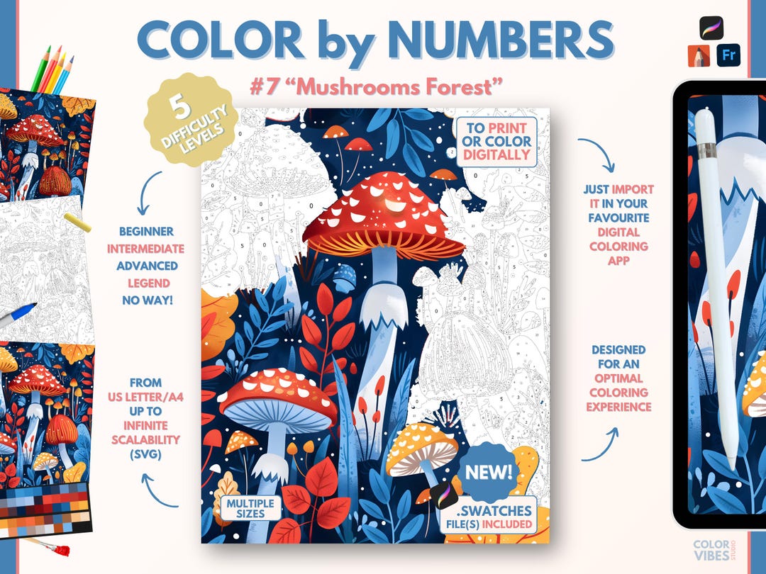 Color by Numbers for Adults "mushrooms Forest" / Printable Paint by ...
