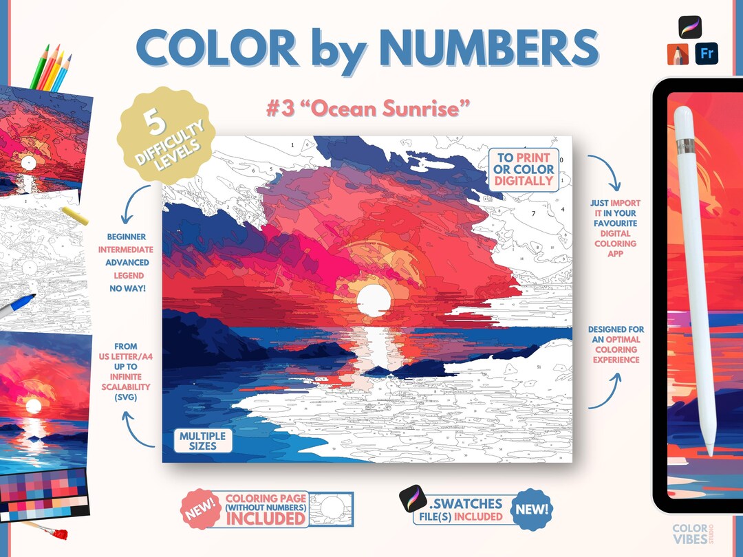 Color by Numbers for Adults "ocean Sunrise" / Printable Paint by ...