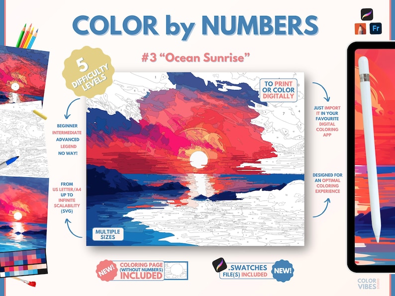 Color by Numbers for Adults "ocean Sunrise" / Printable Paint by ...