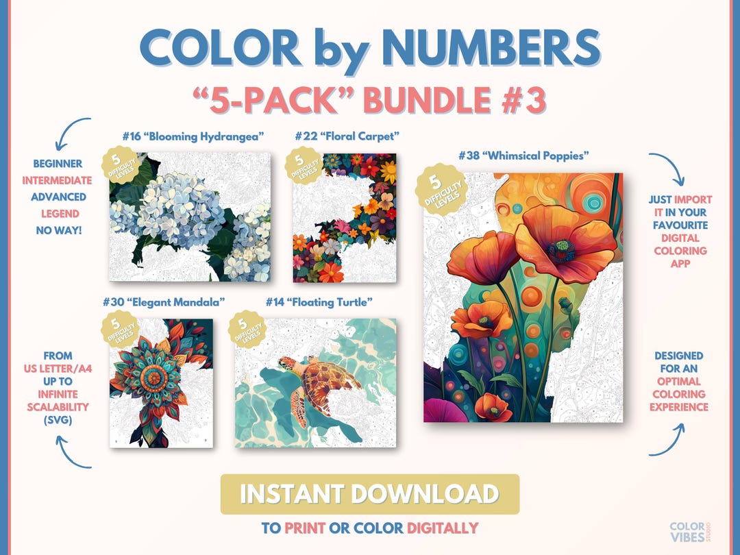 5 X Color by Numbers for Adults Bundle / Printable Paint by Numbers ...