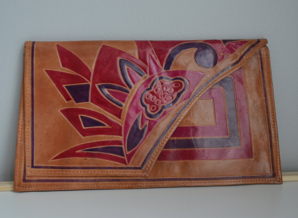 VINTAGE LARELLA CLUTCH, 1970's, Genuine Leather, Made in India, Floral ...