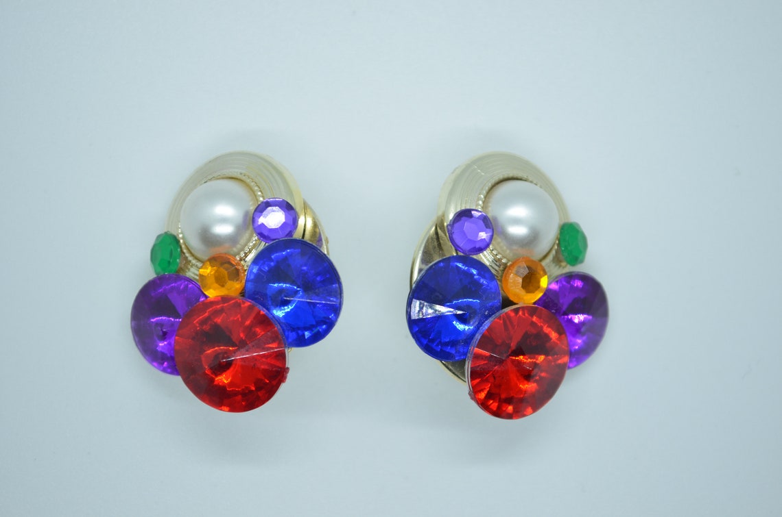 1980's STATEMENT EARRINGS, Faux Gemstones, Faux Pearl, Silver Tone ...
