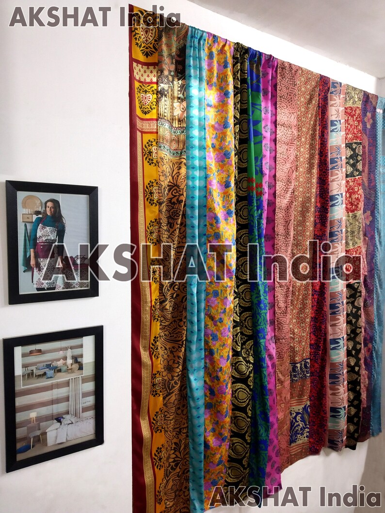 Indian Vintage Old Silk Sari Fabric Made Multi Color Handmade Curtain ...