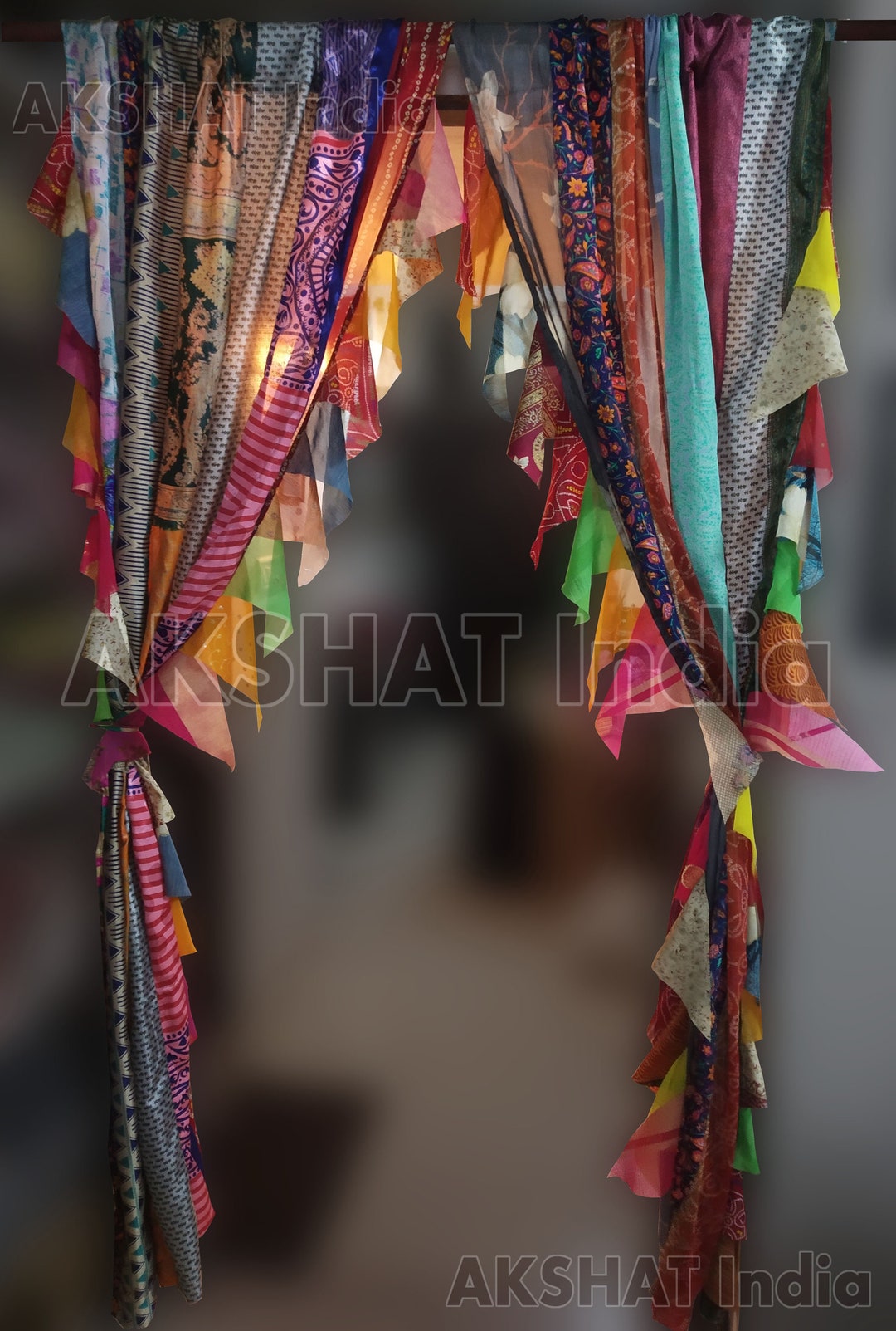 Full Length Curtain ,indian Vintage Old Silk Sari Multi Color Handmade ...
