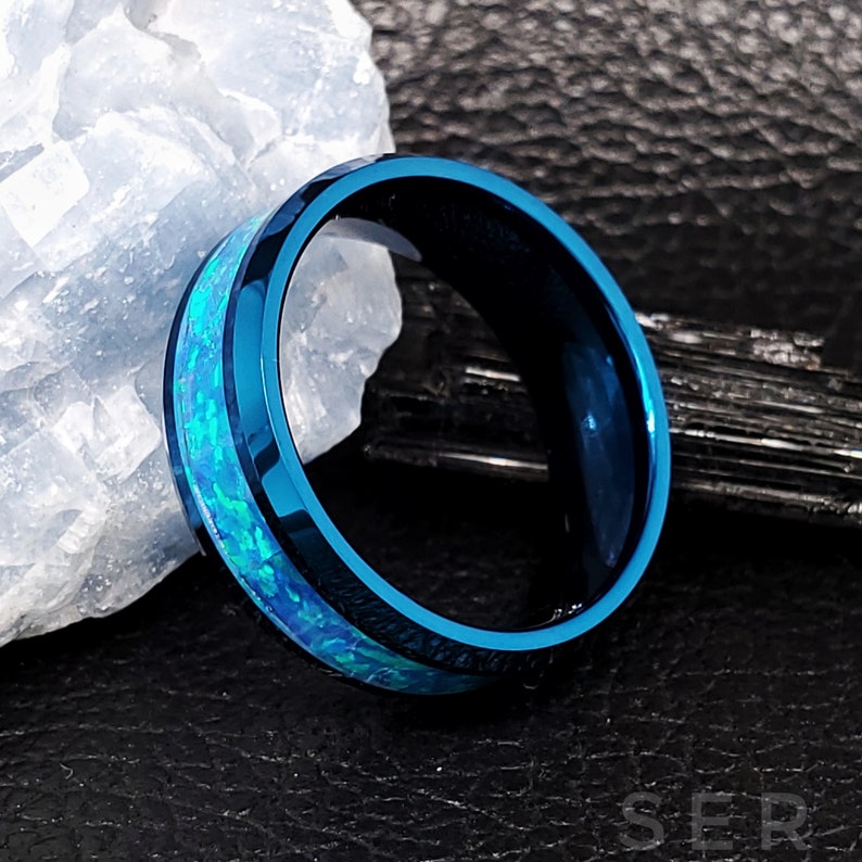 Blue Opal Tungsten Ring Tungsten Wedding Ring Blue Wedding - Etsy