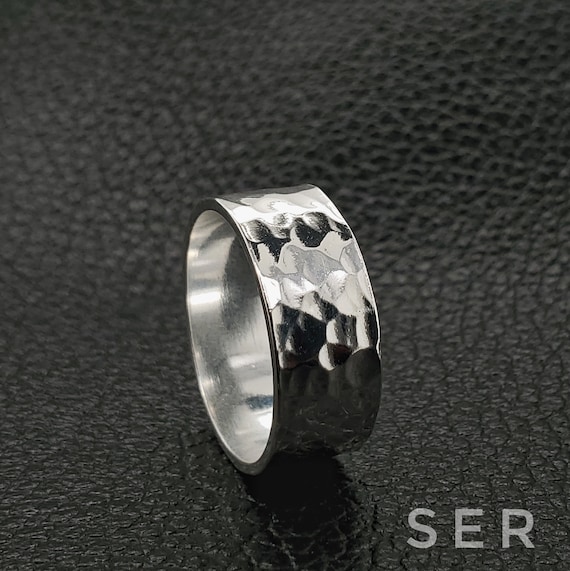 Silver Hammered Ring Sterling Silver Hammered Band 8mm | Etsy