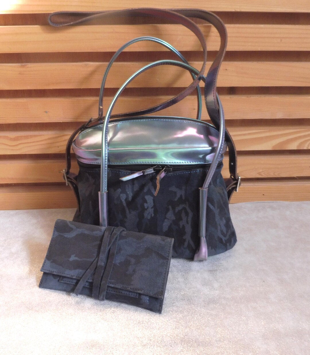 Small Multi-pocket Bag in Genuine Navy and Silver Leather, Carried by ...