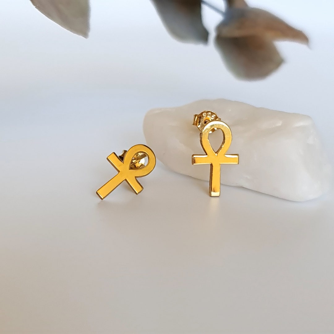 Minimal Gold Ankh Studs, Unisex Ankh Earrings, Simple Egyptian Style ...