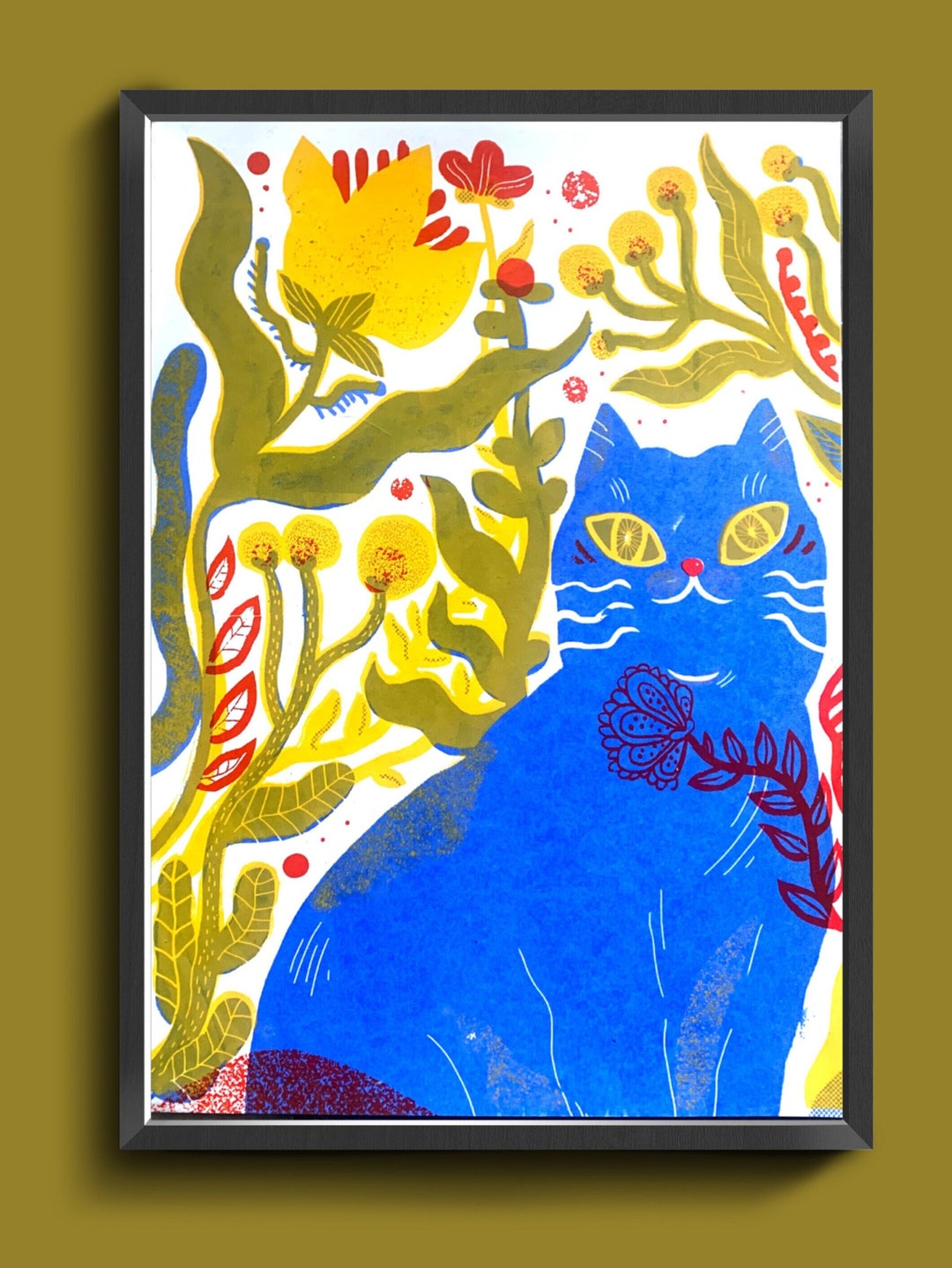 Handmade Silkscreen Cat Print, Floral Decor, Limited Edition - Etsy