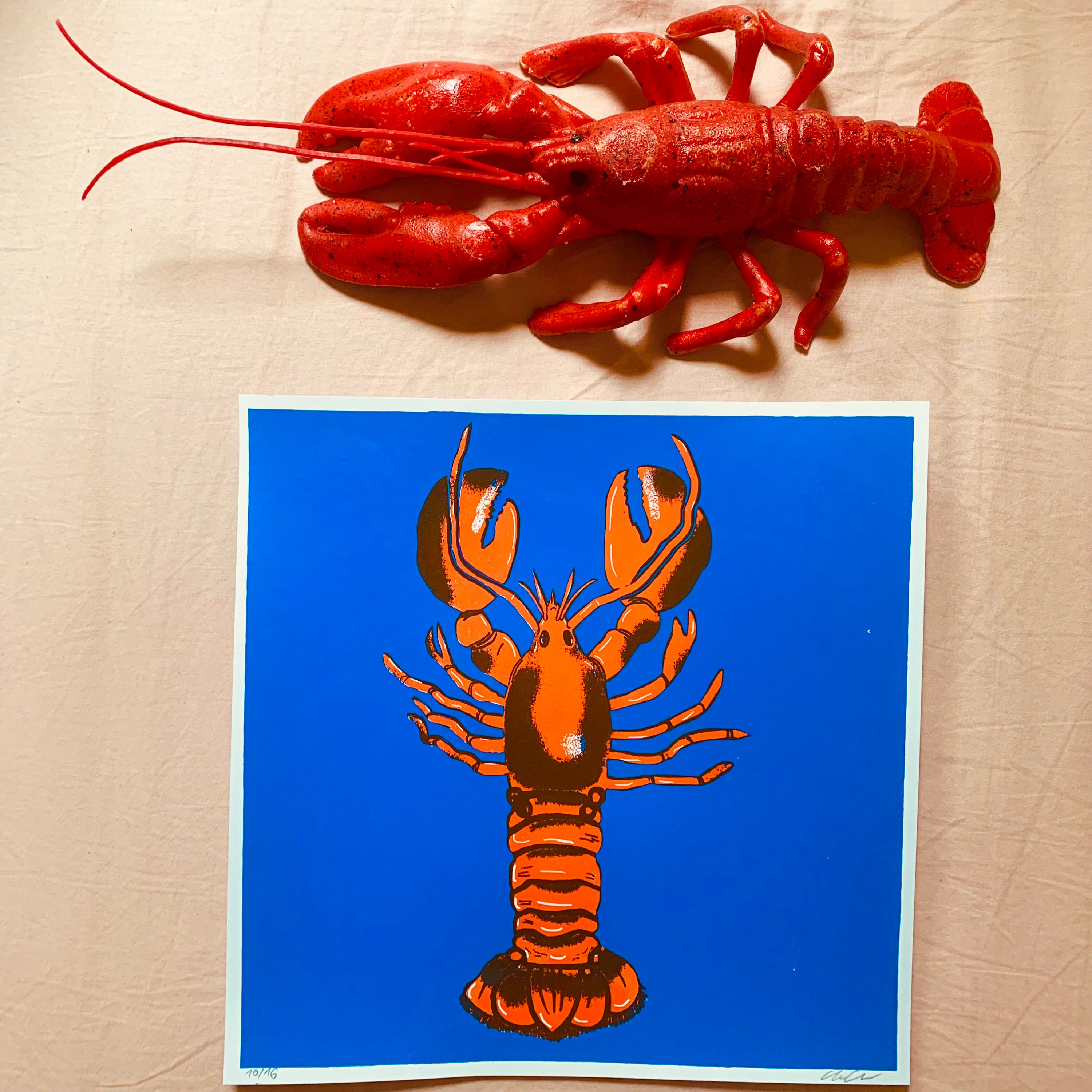 Silkscreen Lobster Sea Decoration Crayfish Blue Red - Handmade , 2 ...