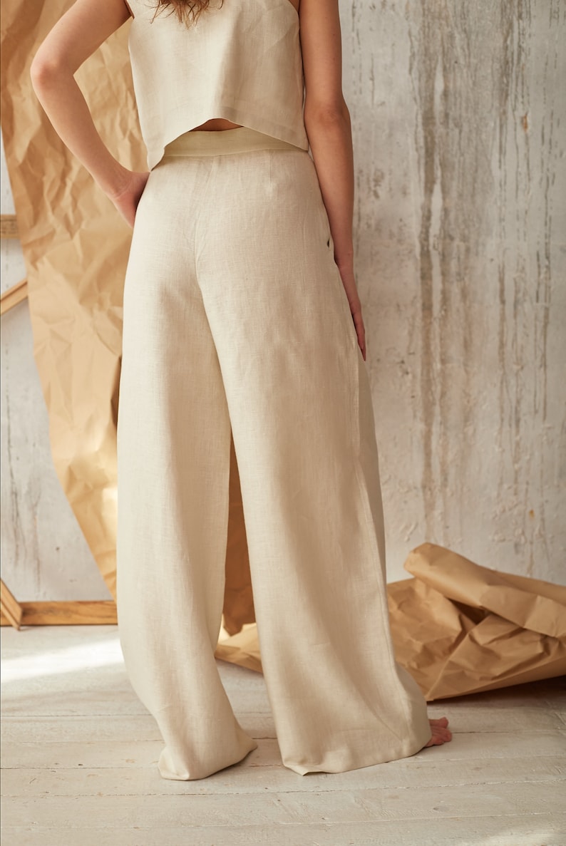 Beige Wide Leg Pants High Waist Pants Summer Pants Linen Etsy