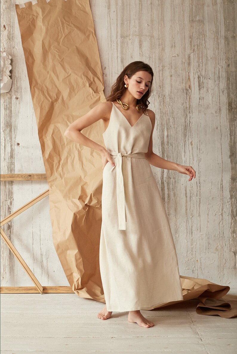 Beige Linen Dress Maxi Slip Dress Linen Beach Dress Linen | Etsy
