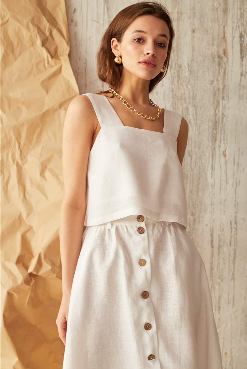 White Linen Crop Top Loose Linen Top Square Neckline Top Etsy
