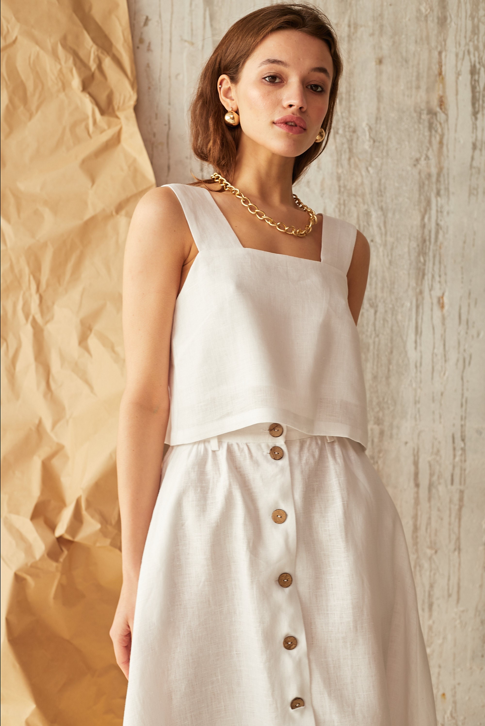 White linen crop top loose linen top Square Neckline Top | Etsy