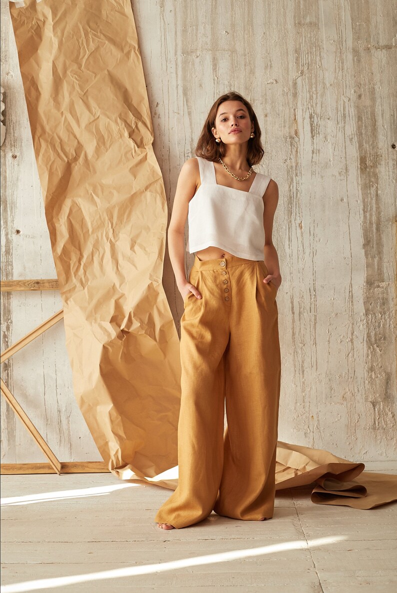 White linen crop top loose linen top Square Neckline Top | Etsy