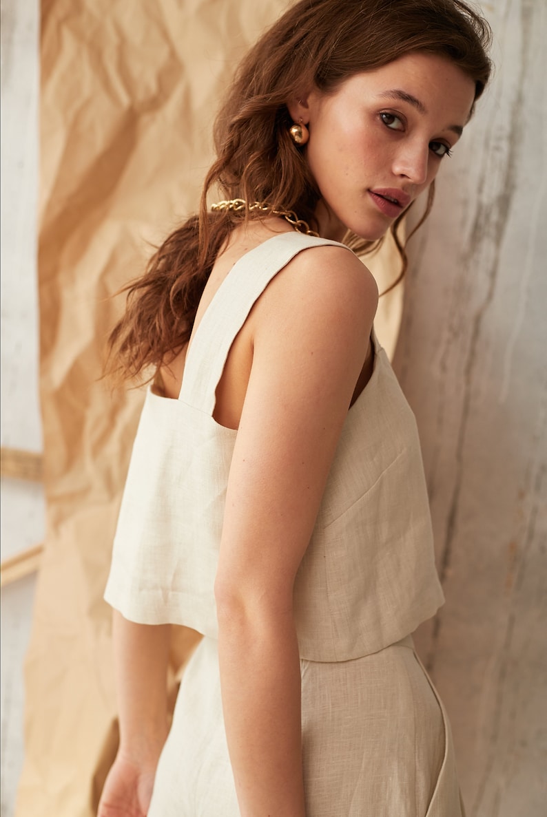 Beige Linen Crop Top Square Neckline Top Cropped Linen Etsy