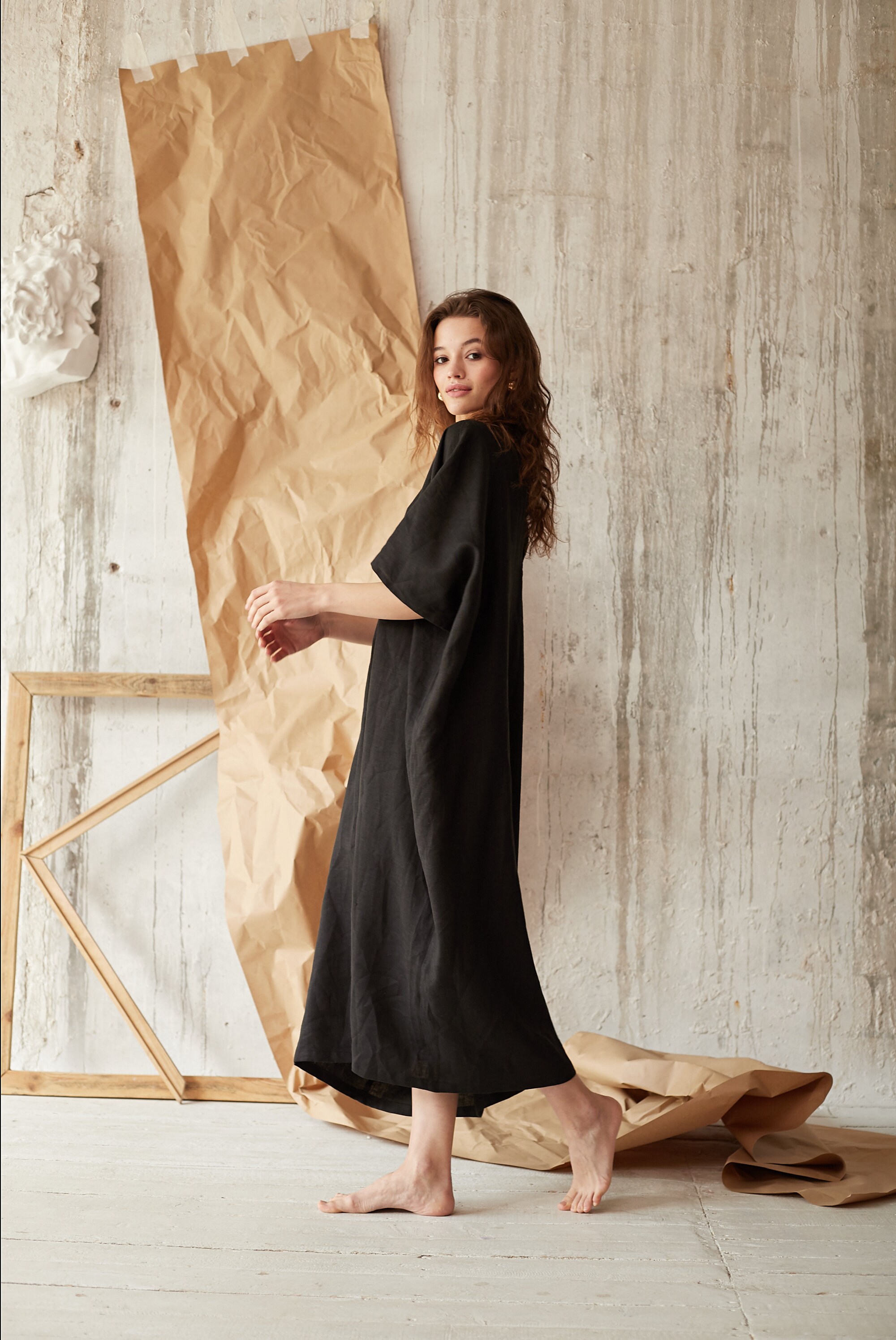 Bohemian Boho Style Mid Length Linen Black Dress With a | Etsy