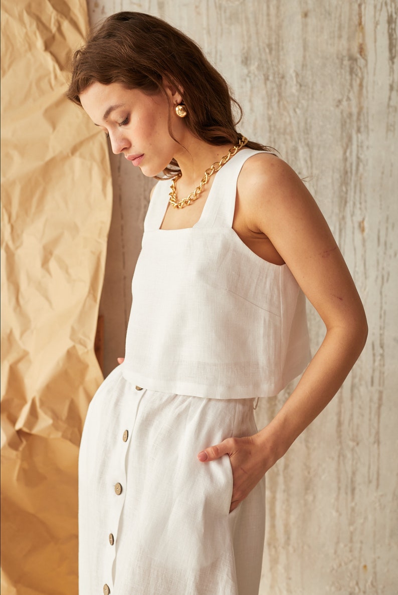 White linen crop top loose linen top Square Neckline Top | Etsy