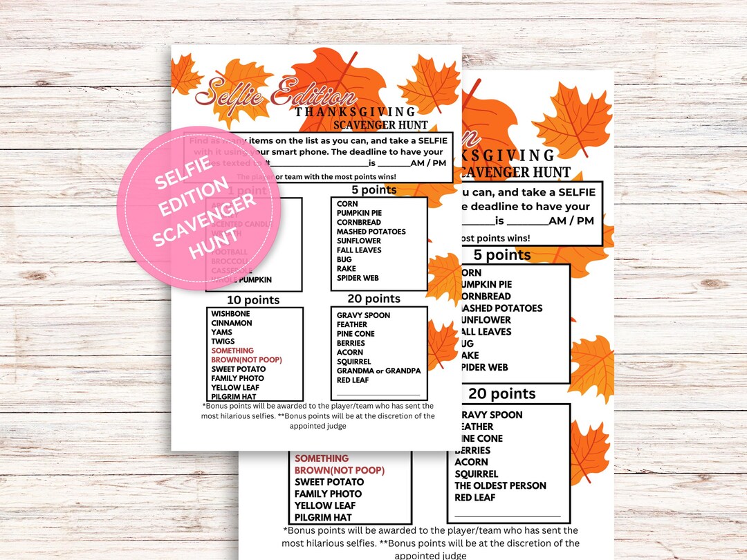 Thanksgiving Printable Games Selfie Scavenger Hunt Party Games 12 Game ...
