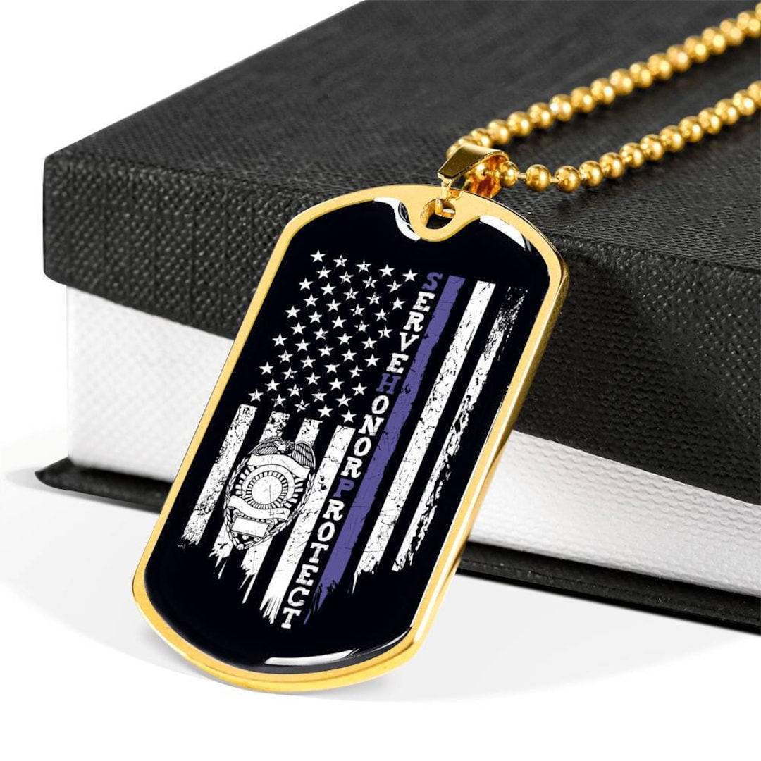 Serve Honor Protect Flag Gold Necklace, Cop Necklace, Thin Blue Line ...